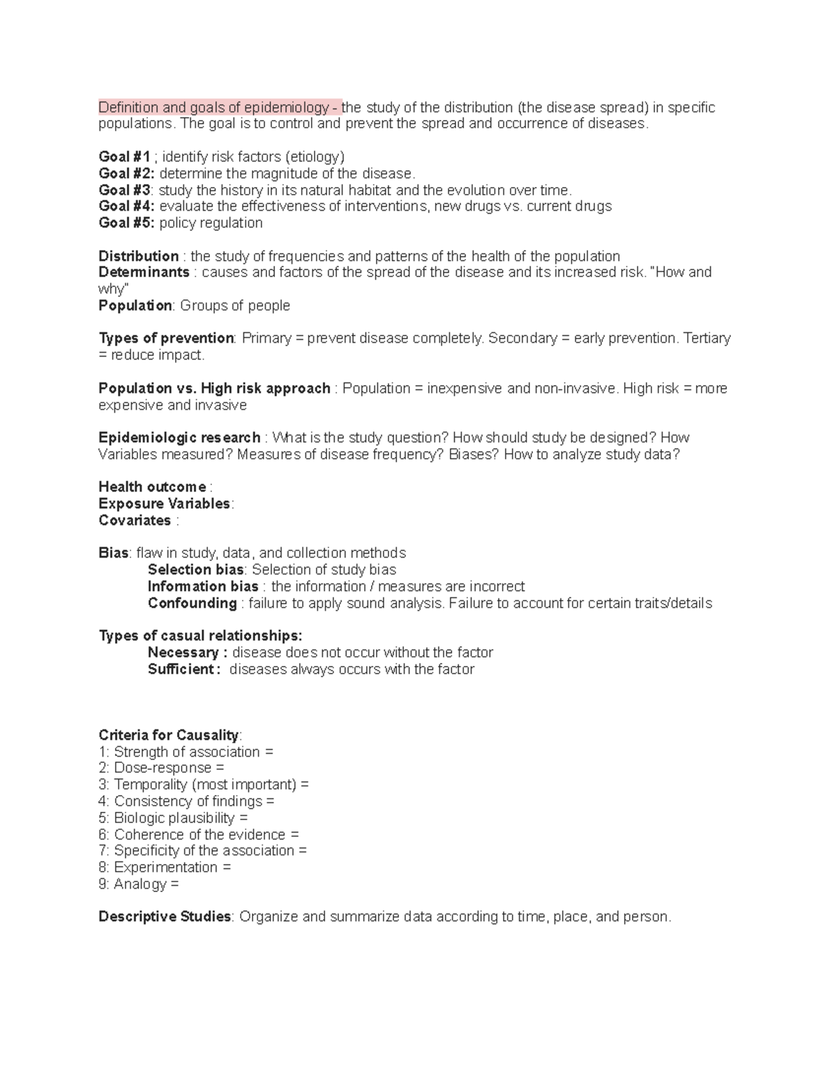 Epidemiology Exam #1: Key Concepts and Goals Overview - Studocu