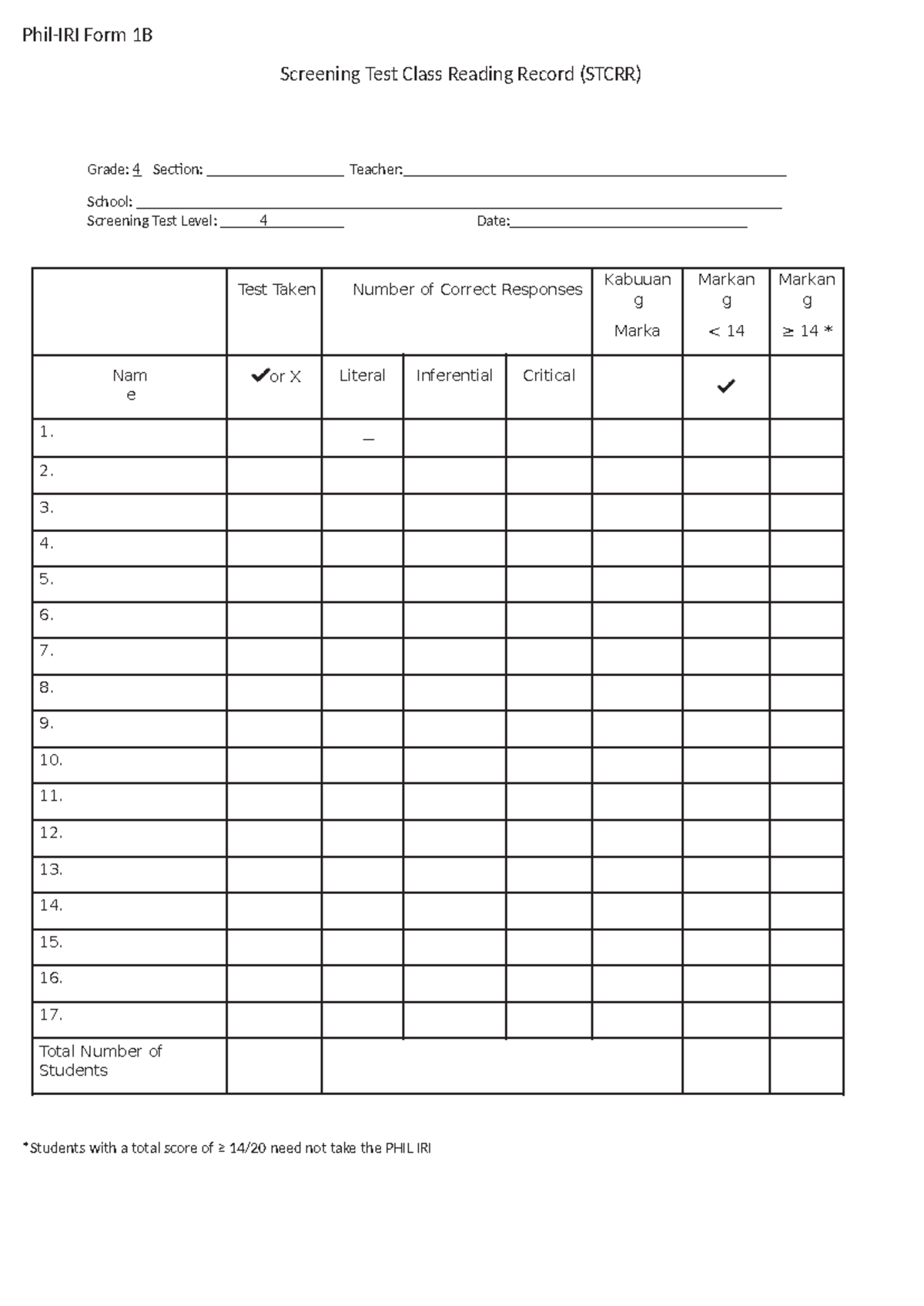Phil-IRI Form 1B - Grade 4 & 5 Screening Test Record - Studocu