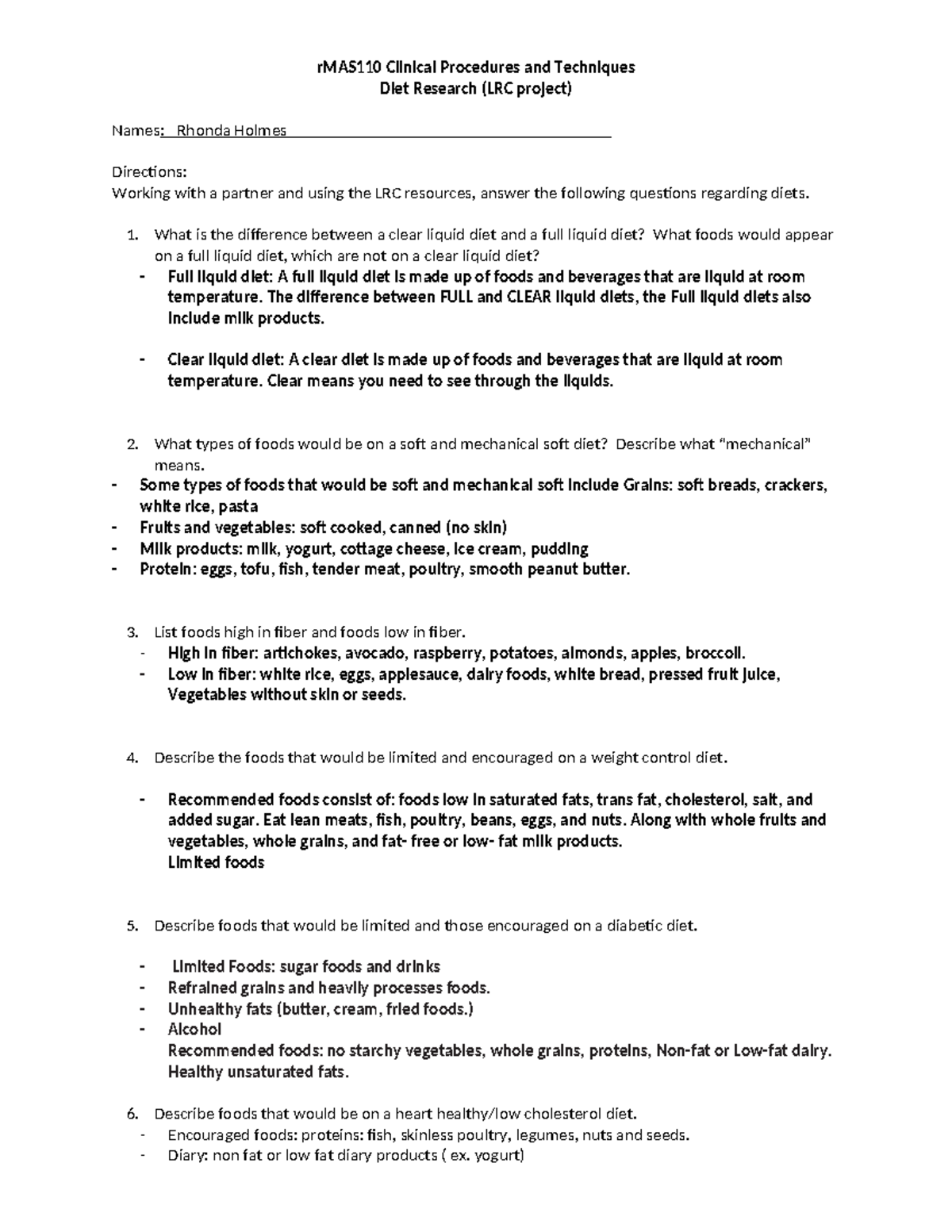 MAS110 Diet Research Worksheet - rMAS110 Clinical Procedures and ...