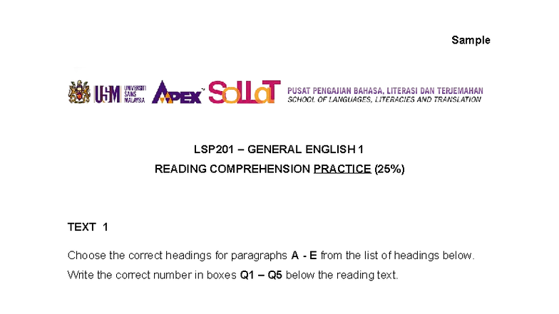 LSP201 General English 1 Reading Comprehension Practice Text 1 - Studocu