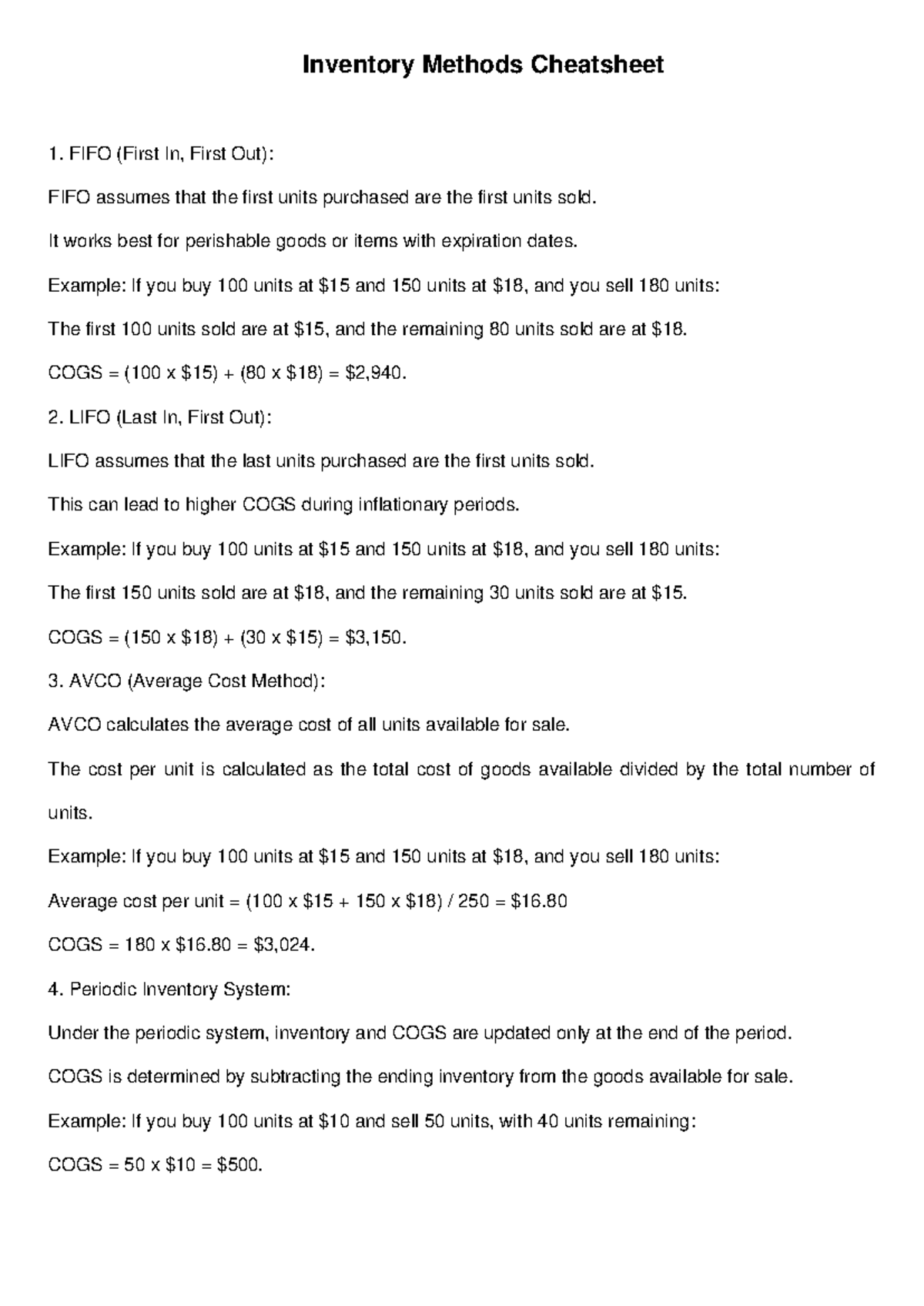 Inventory Methods Cheatsheet: FIFO, LIFO, AVCO Explained - Studocu