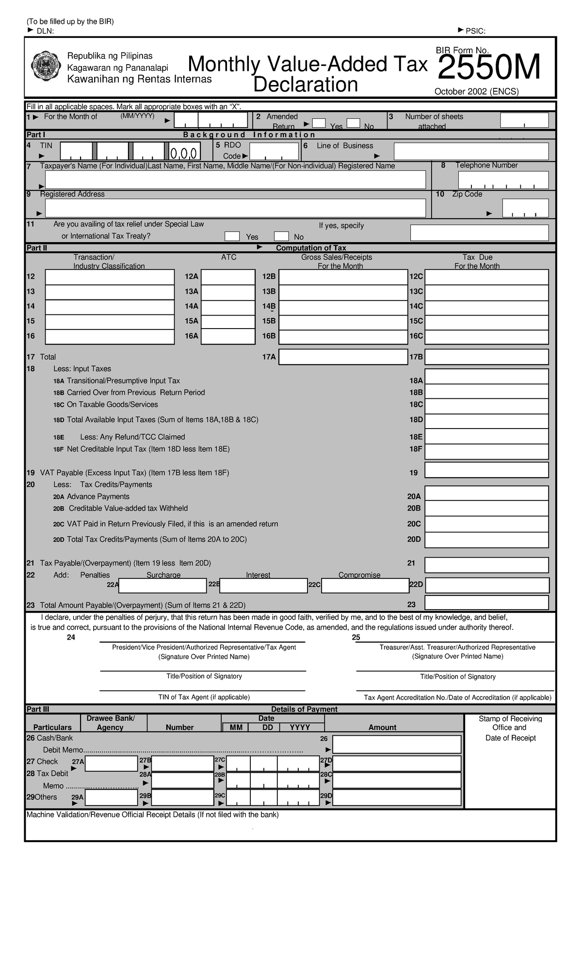 BIR Form 2550M Monthly Tax Declaration - October 2002 (PSIC) - Studocu