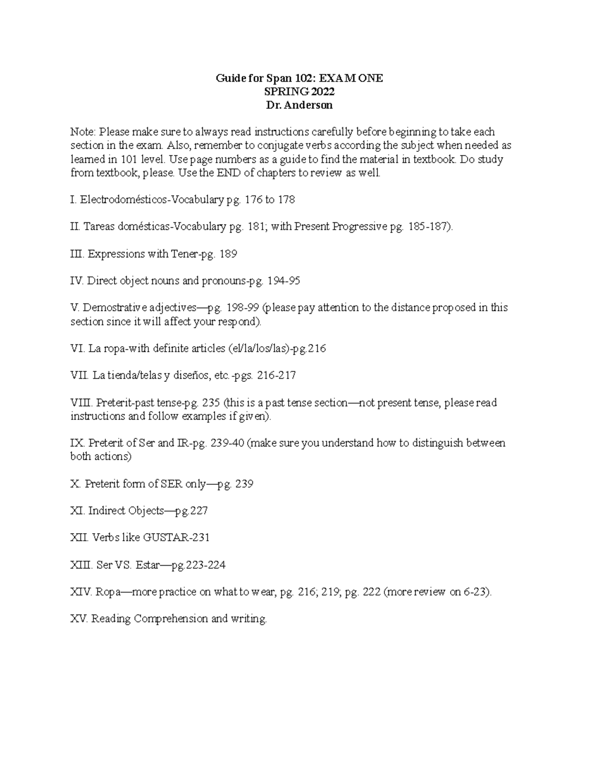 Guide for Span 102: Exam One Review for Spring 2022 - Ch 5 & 6 - Studocu
