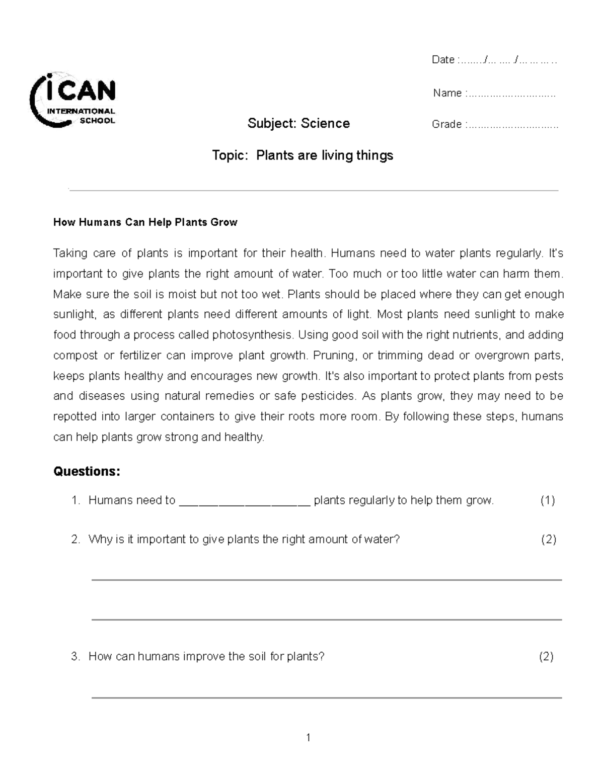 F.A Gr.3 Science: How Humans Can Help Plants Grow - Studocu