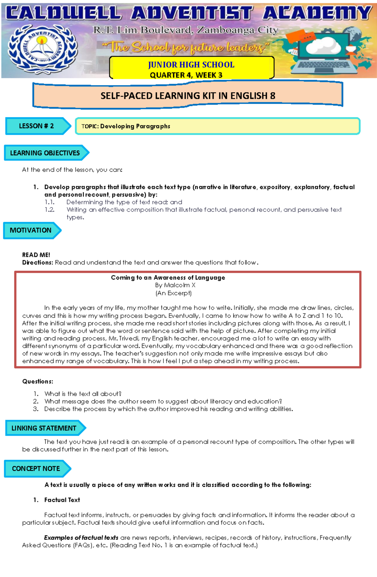 English 8 - Week 3 Lesson on Developing Paragraphs & Text Types - Studocu