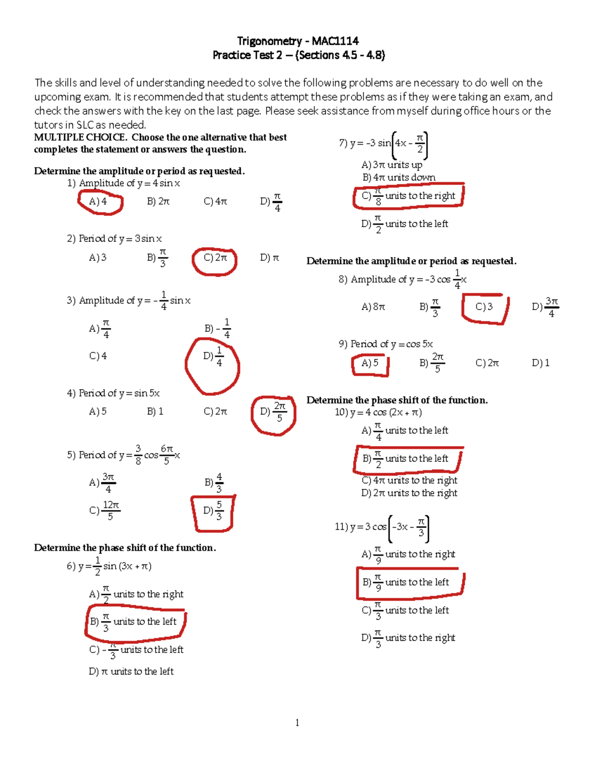 Practice Test 2 for Trigonometry - MAC1114 (Sections 4.5 - 4.8) - Studocu