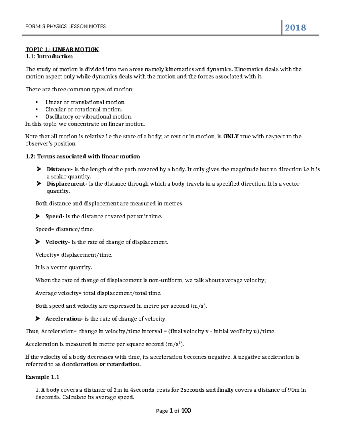 FORM 3 PHYSICS LESSON NOTES: LINEAR MOTION AND LAWS OF MOTION - Studocu