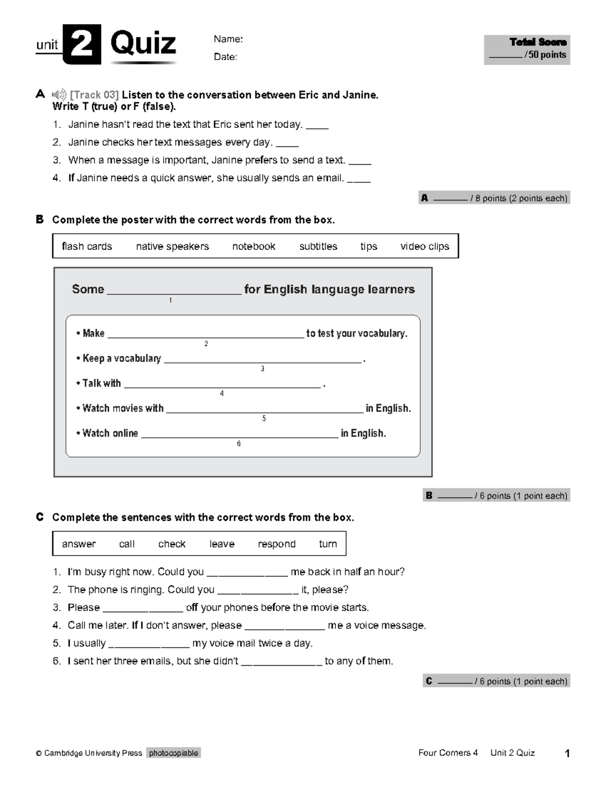 QUIZ Unit 2 - GRAMMAR TEST - Cambridge University Press photocopiable ...