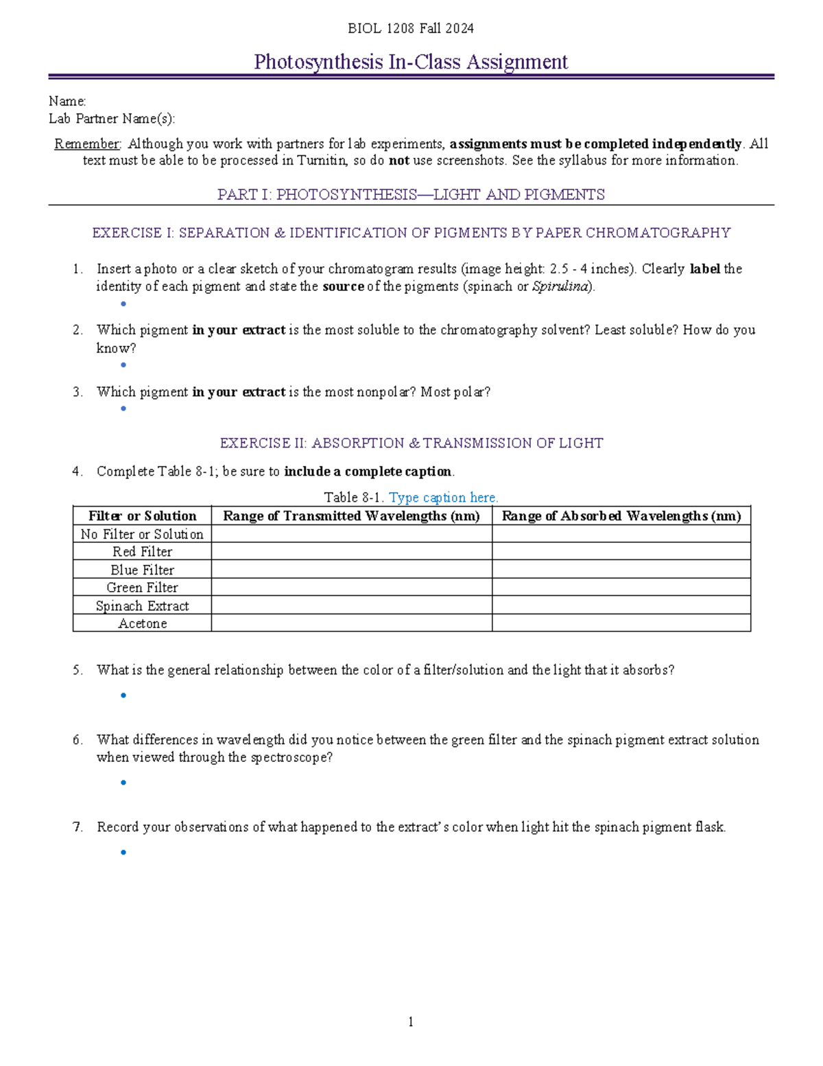 BIOL 1208 Fall 2024: Photosynthesis In-Class Assignment Guide - Studocu