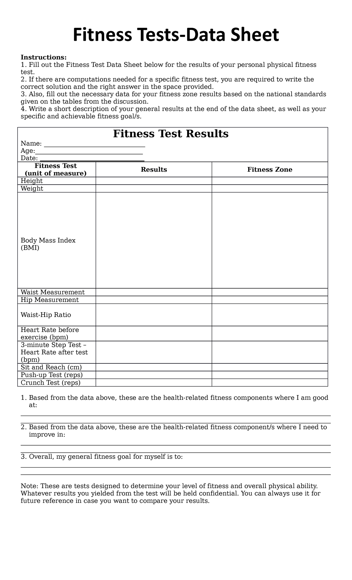 Fitness Tests-Data Sheet - Fitness Tests-Data Sheet Instructions: Fill ...