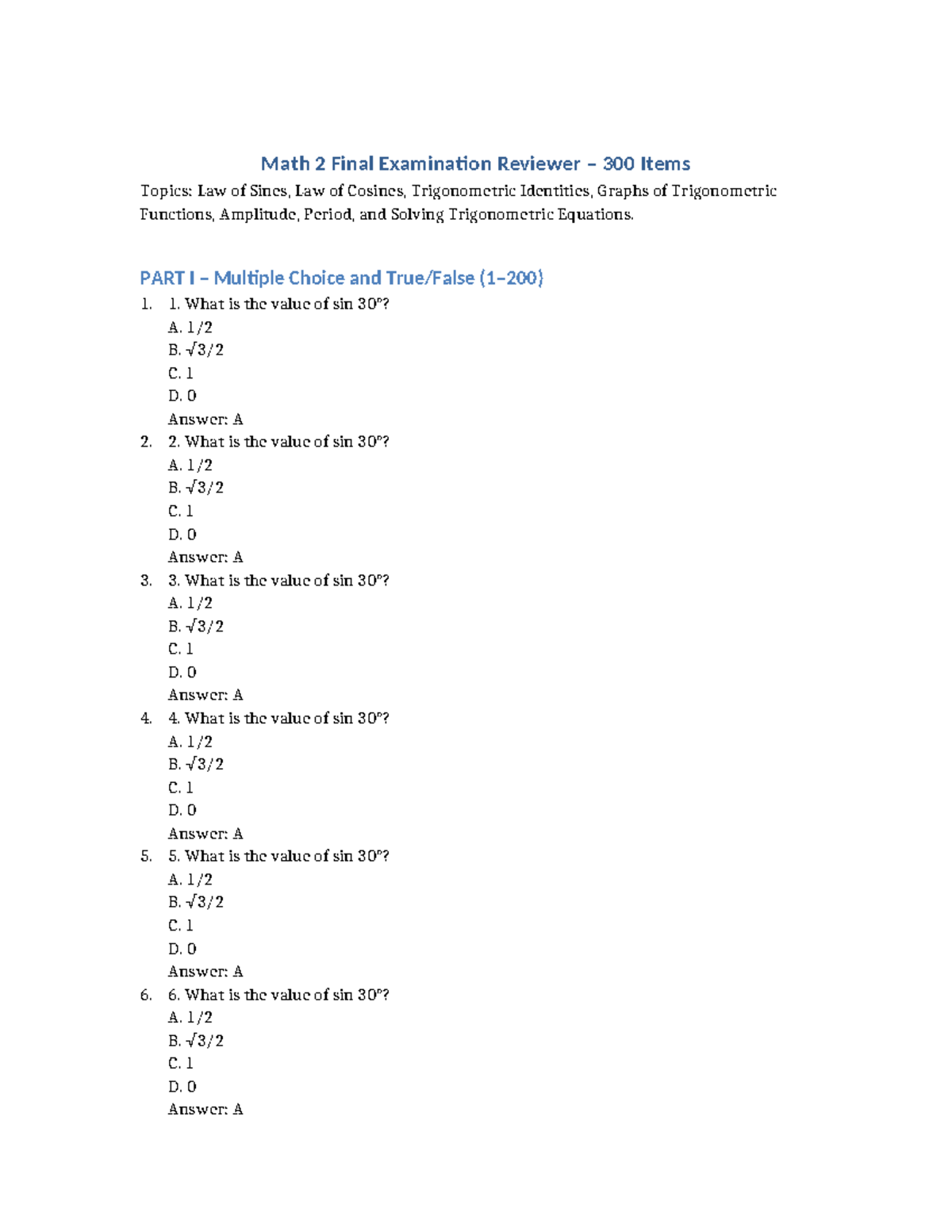 Math 2 Final Exam Reviewer: 300 Items on Trigonometry - Studocu