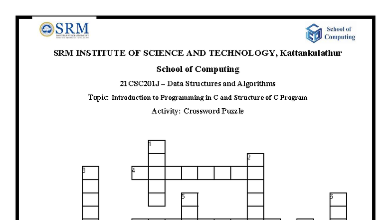 21CSC201J Data Structures & Algorithms: C Programming Crossword Puzzle ...
