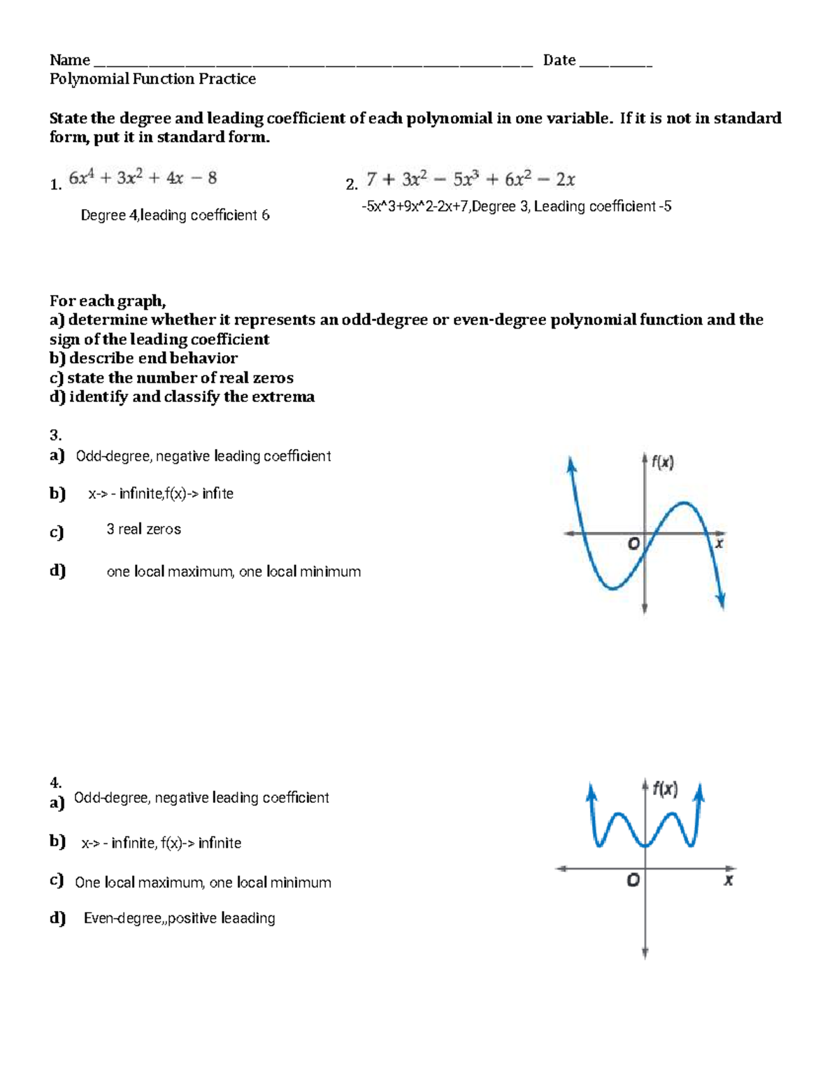 Polynomial Functions CP Practice: Degree & Leading Coefficient Analysis ...