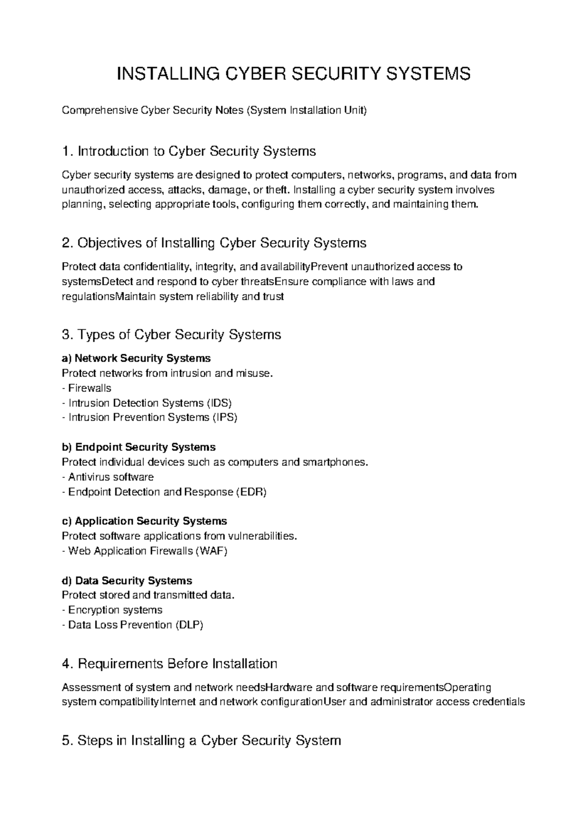 Installing Cyber Security Systems (CS101) - Comprehensive Notes - Studocu