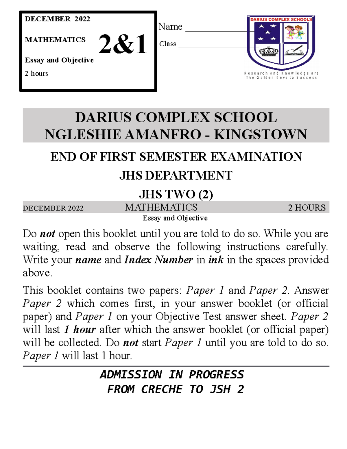 3RD TERM JHS MATHS: FIRST SEMESTER EXAM QUESTIONS (DEC 2022) - Studocu