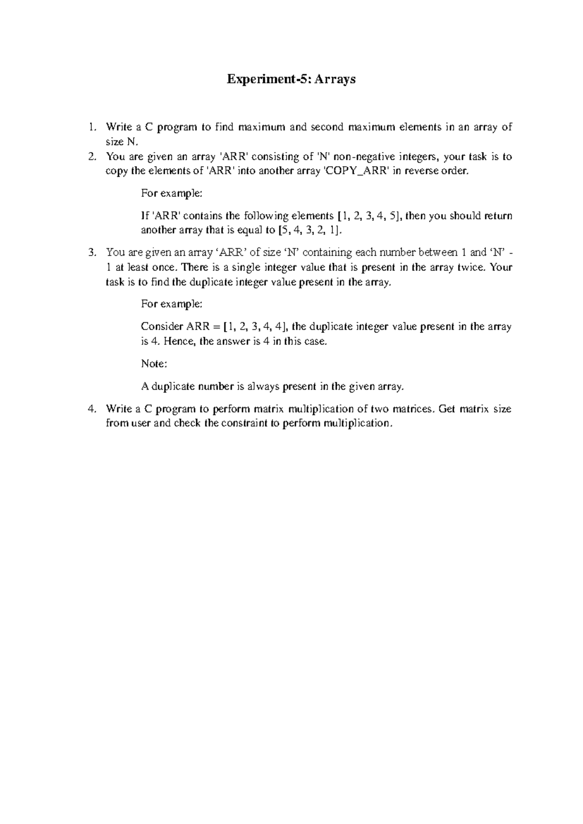 Exp 5 - Array: C Programs for Max, Reverse, Duplicate & Matrix Mult ...