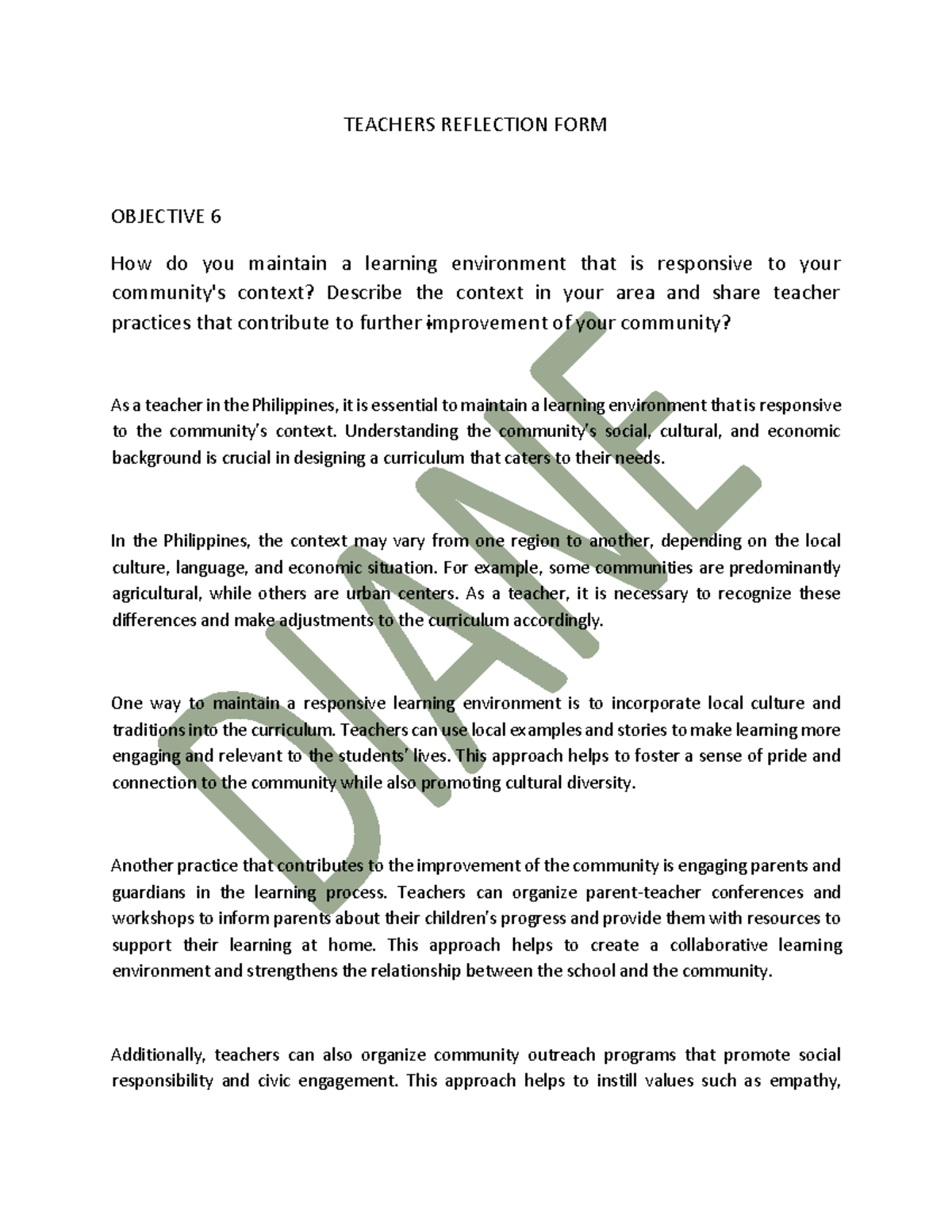 Teachers Reflection Form: Community Context and Inclusive Practices ...