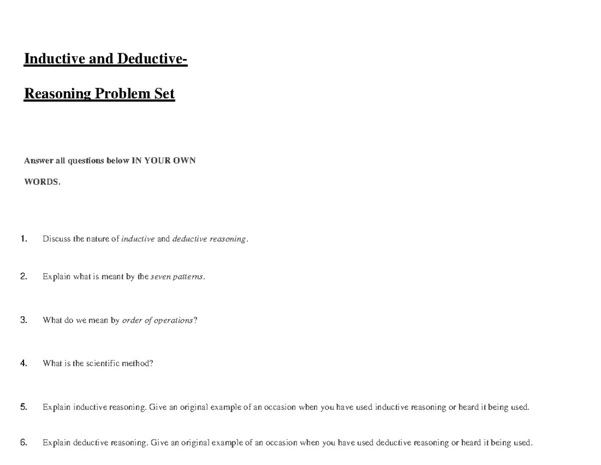Math HW 1 - Inductive & Deductive Reasoning Problem Set - Studocu