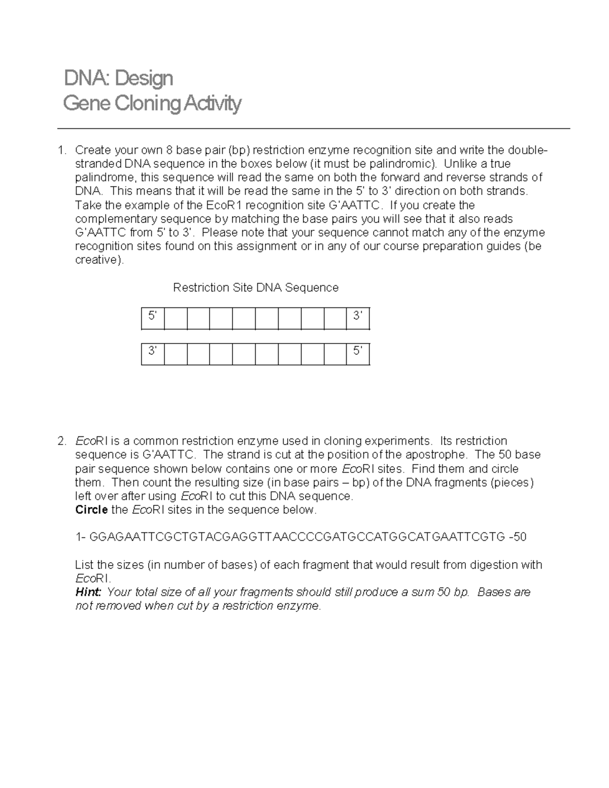 Gesci 205 document gene Cloning Activity - DNA: Design Gene Cloning ...