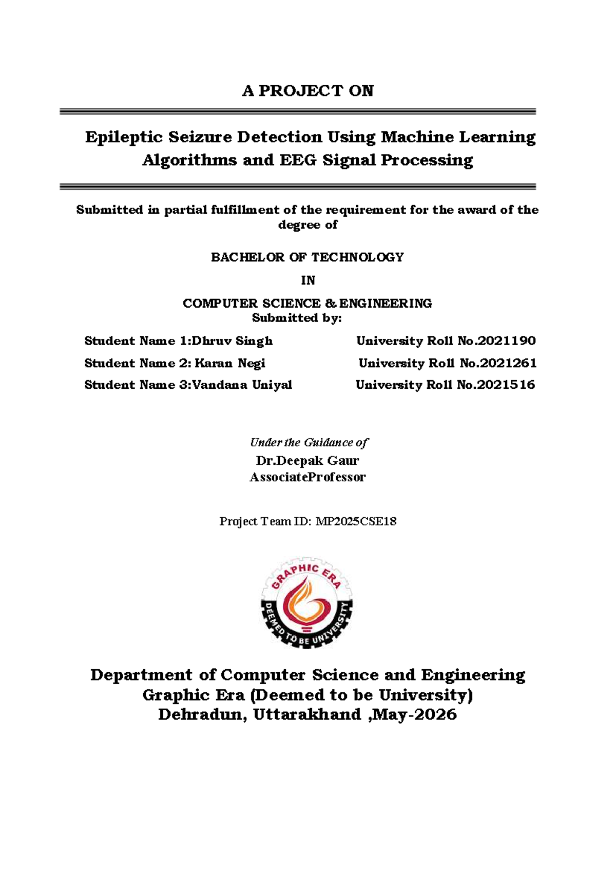 B.Tech CSE Major Project Report: Epileptic Seizure Detection Using ML ...