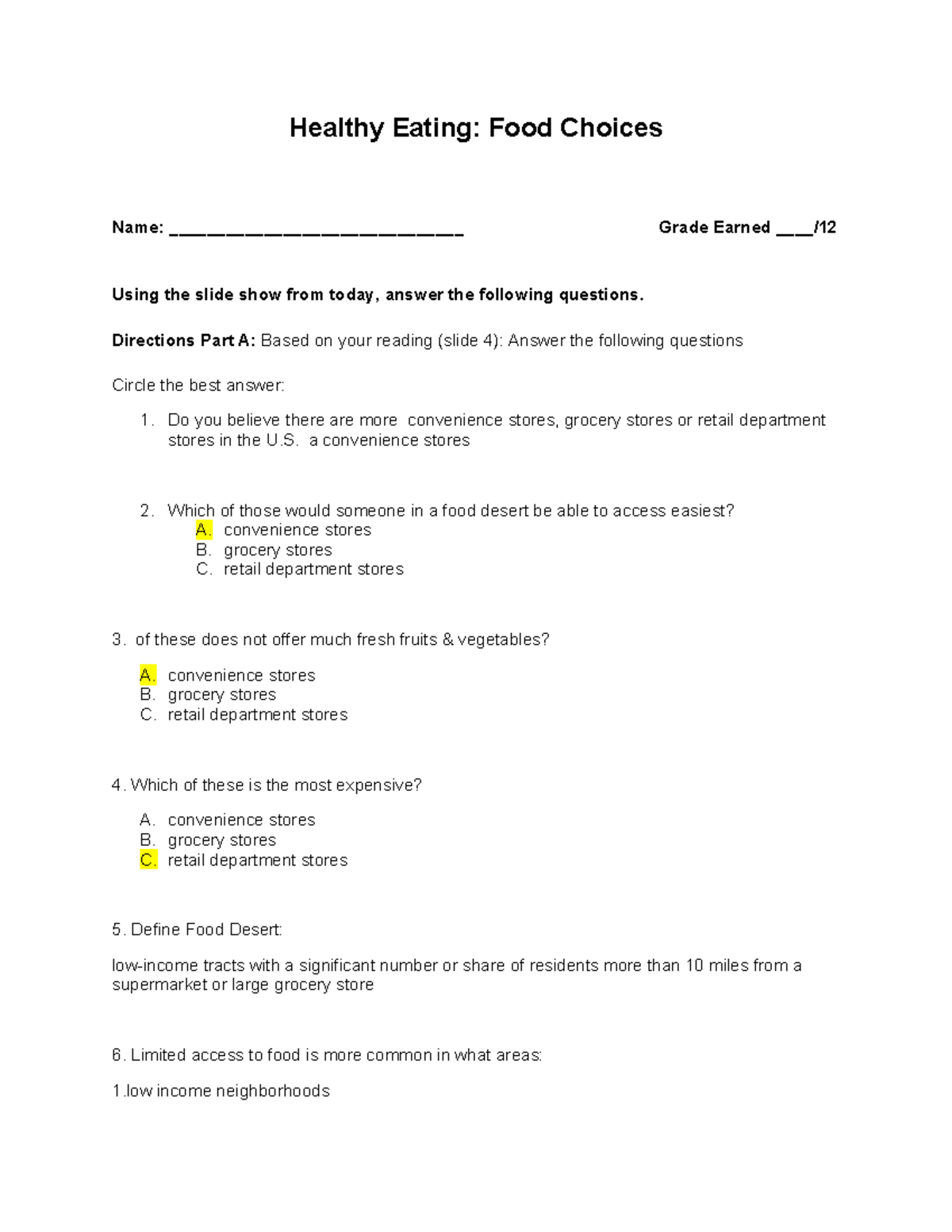 9 G8 SLT 1 Healthy Eating Food Choices Sub Plan Questions & Answers ...