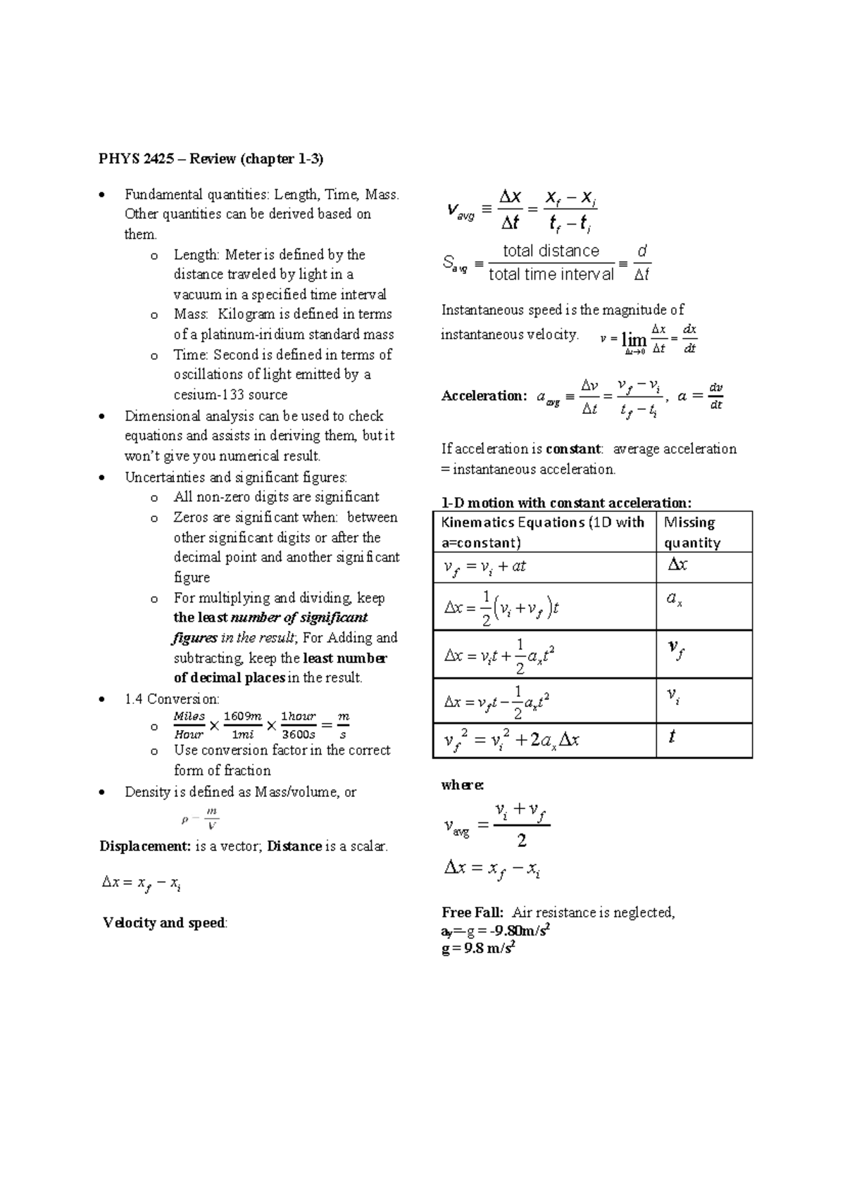 PHYS2425 - Review Notes for Chapters 1-3: Fundamental Concepts - Studocu