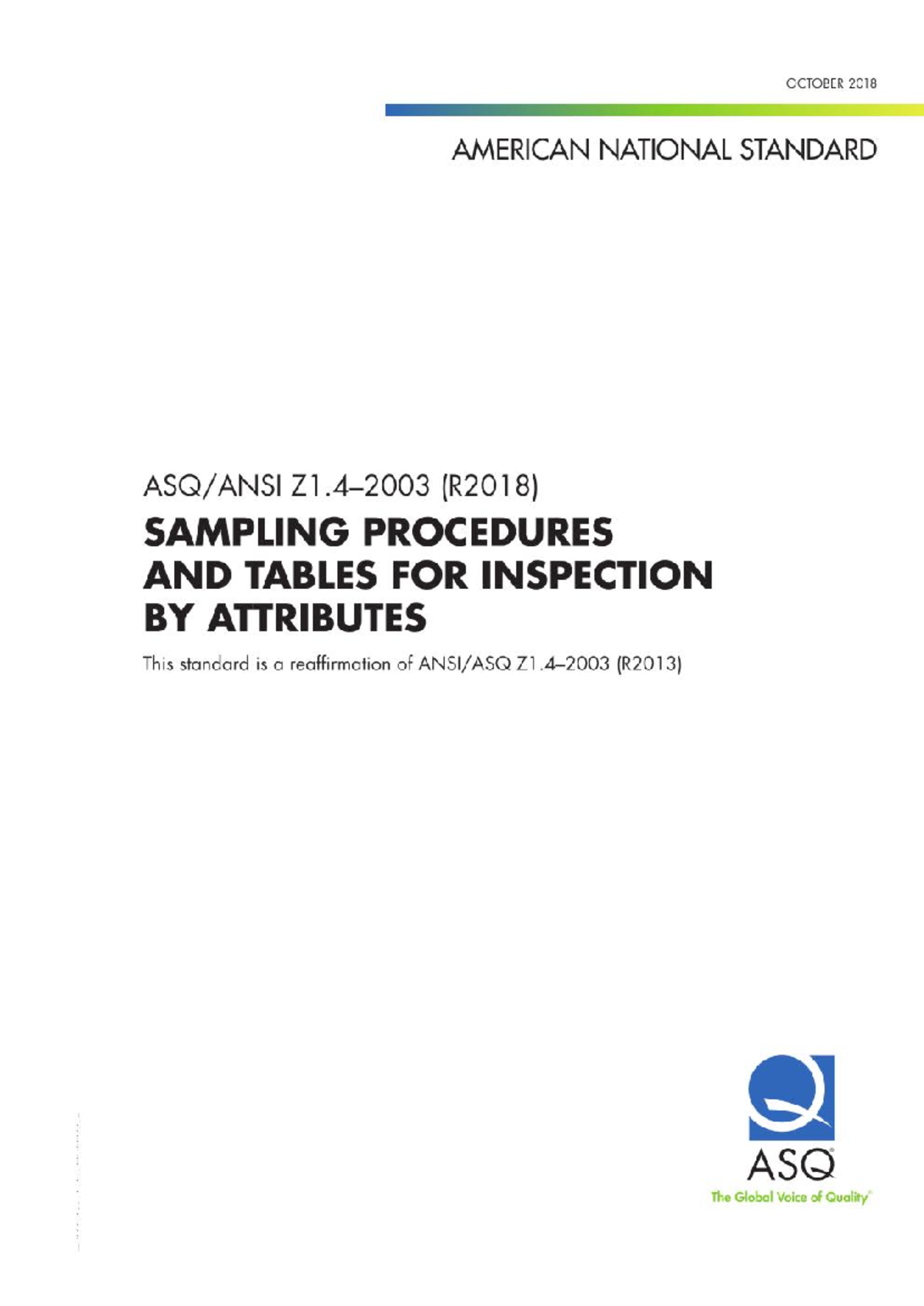 ANSI ASQ Z1.4 2003 (R2018) Sampling Procedures & Inspection Attributes ...