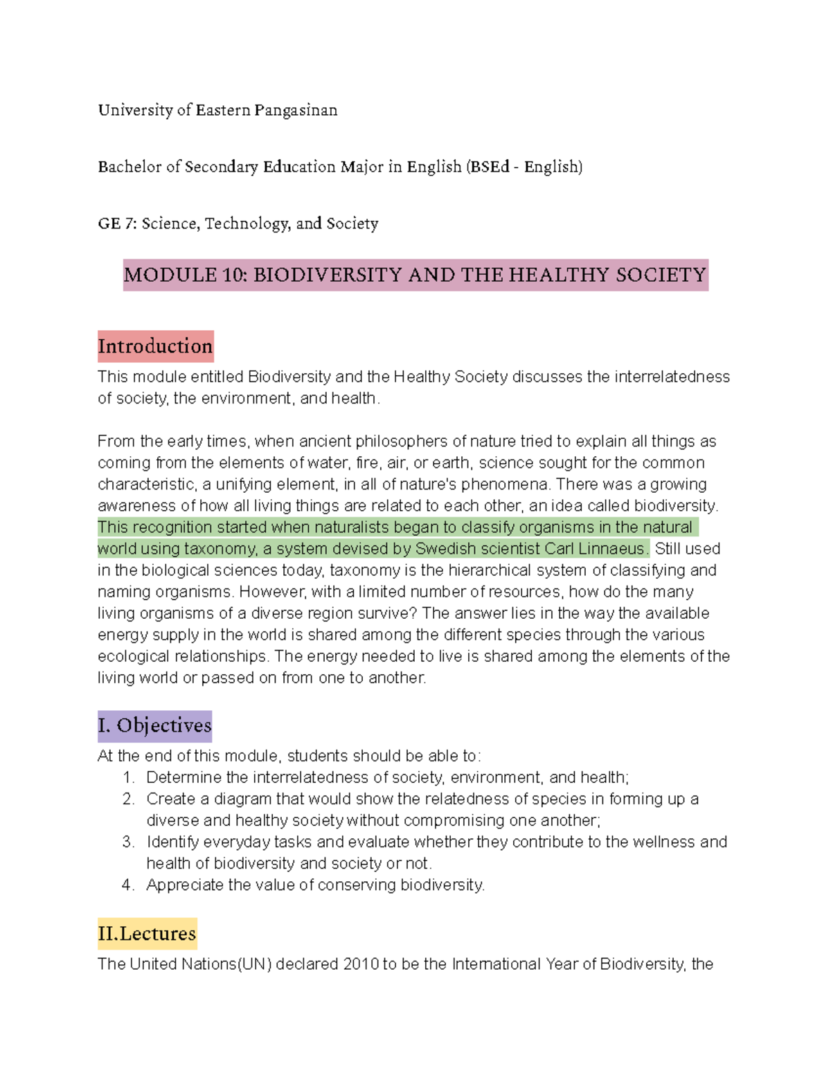 Module 10: Biodiversity and Its Impact on a Healthy Society (GE 7 ...