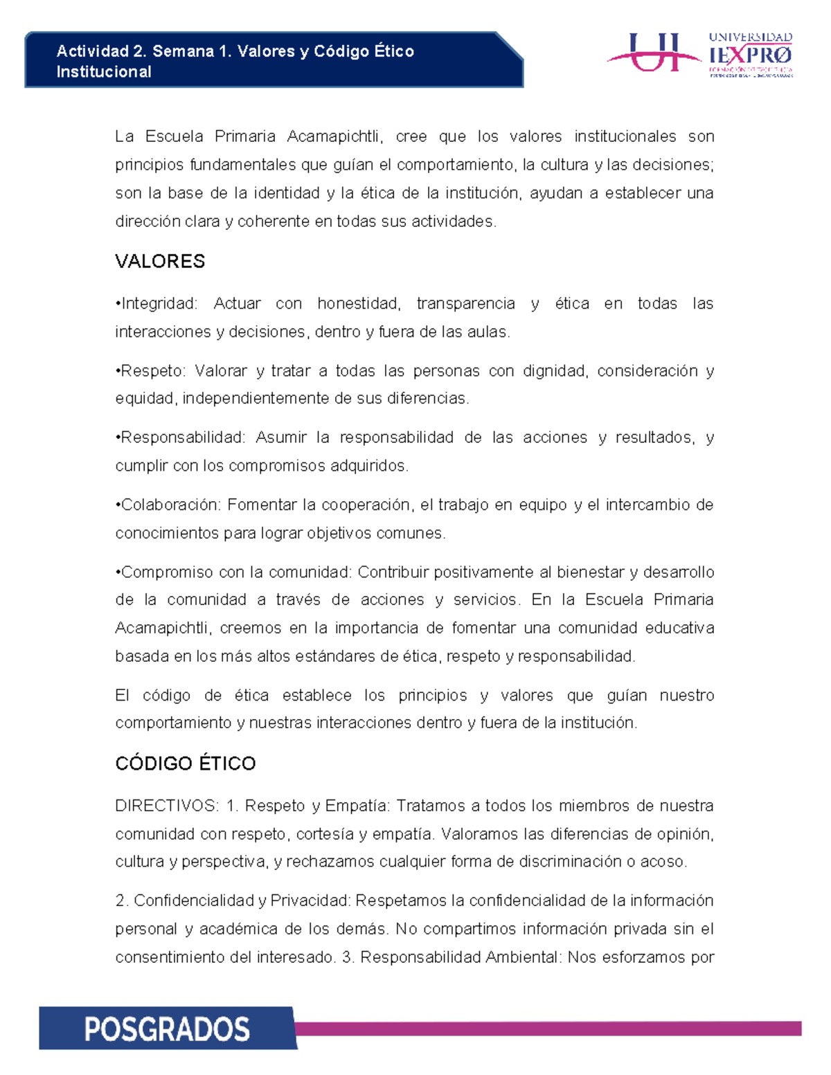 Semana 1: Actividad 2 - Valores y Código Ético Institucional - Studocu