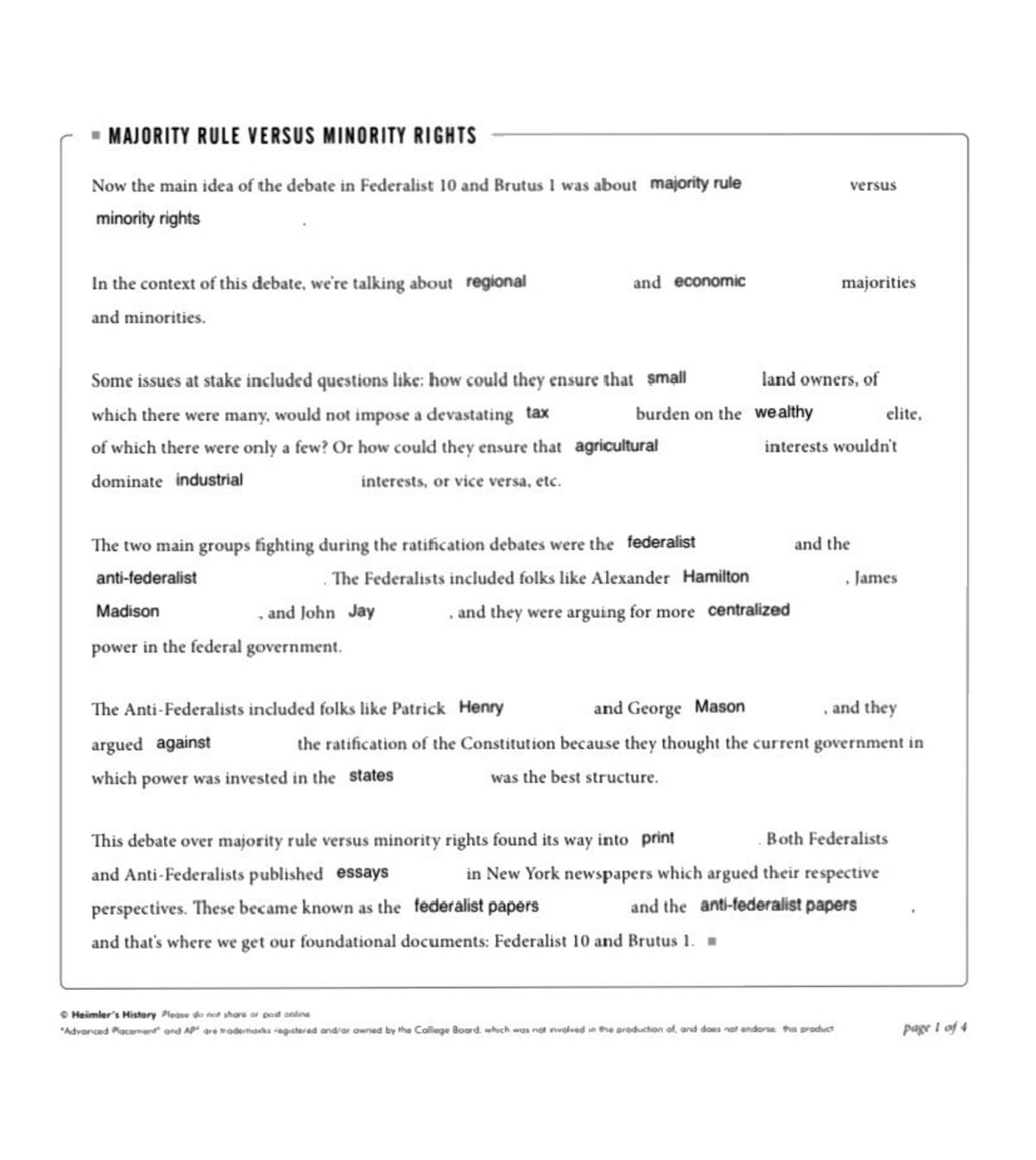Federalist 10 vs. Brutus I: Majority Rule & Minority Rights Analysis ...
