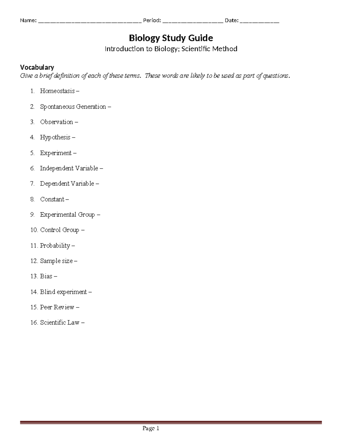 Biology Study Guide: Intro to Scientific Method & Key Terms - Studocu