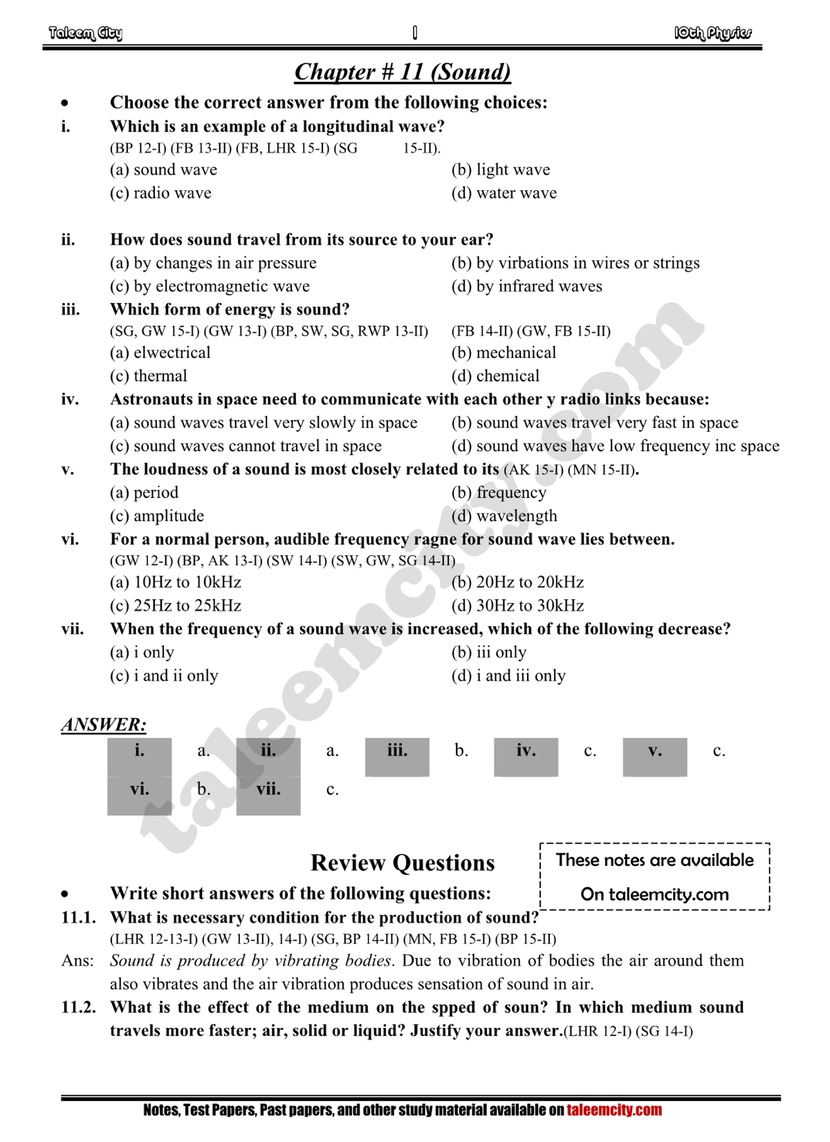 10th Physics Chapter 11 (Sound) Study Notes and Review Questions - Studocu