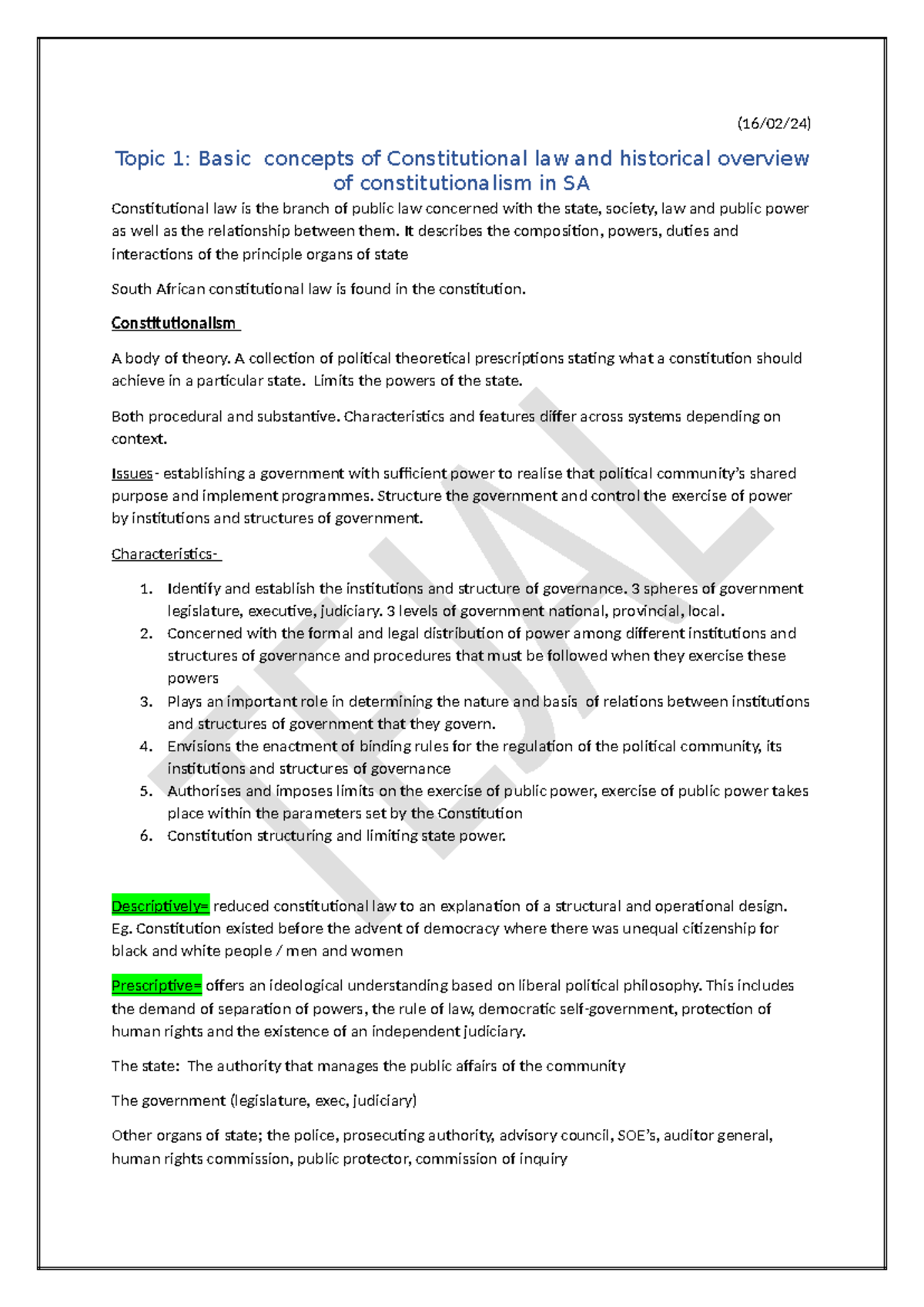 Constitutional Law (Topic 1) 2024: Fundamental Concepts and Overview ...