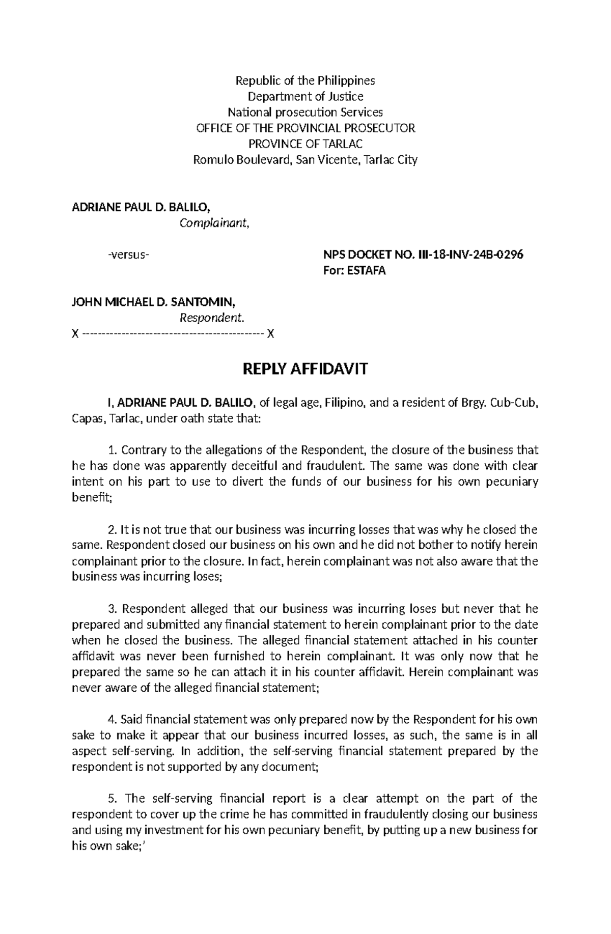 Reply Affidavit for Estafa Case (NPS Docket No. III-18-INV-24B) - Studocu