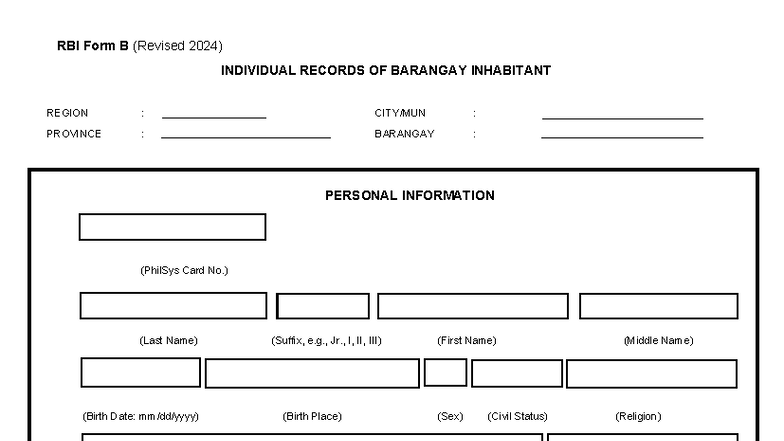 RBI Form B (Revised 2024): Individual Records of Barangay Inhabitants ...