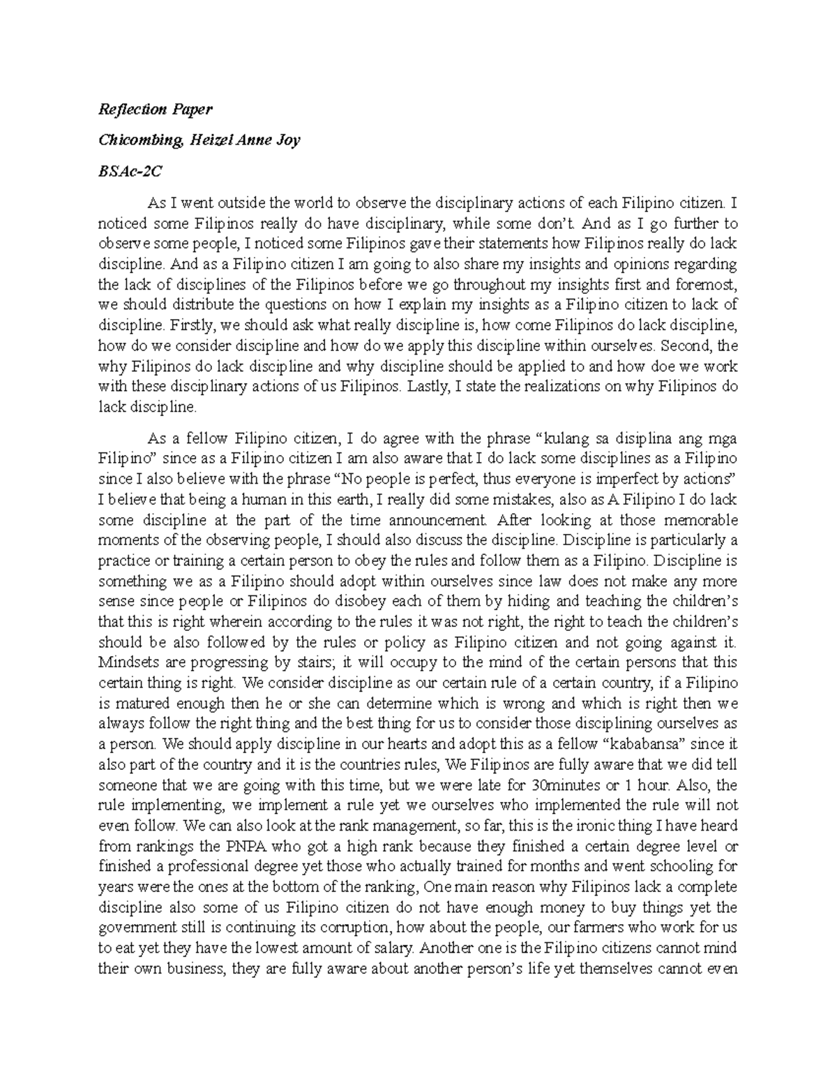 reviewers and notes - Reflection Paper Chicombing, Heizel Anne Joy BSAc ...