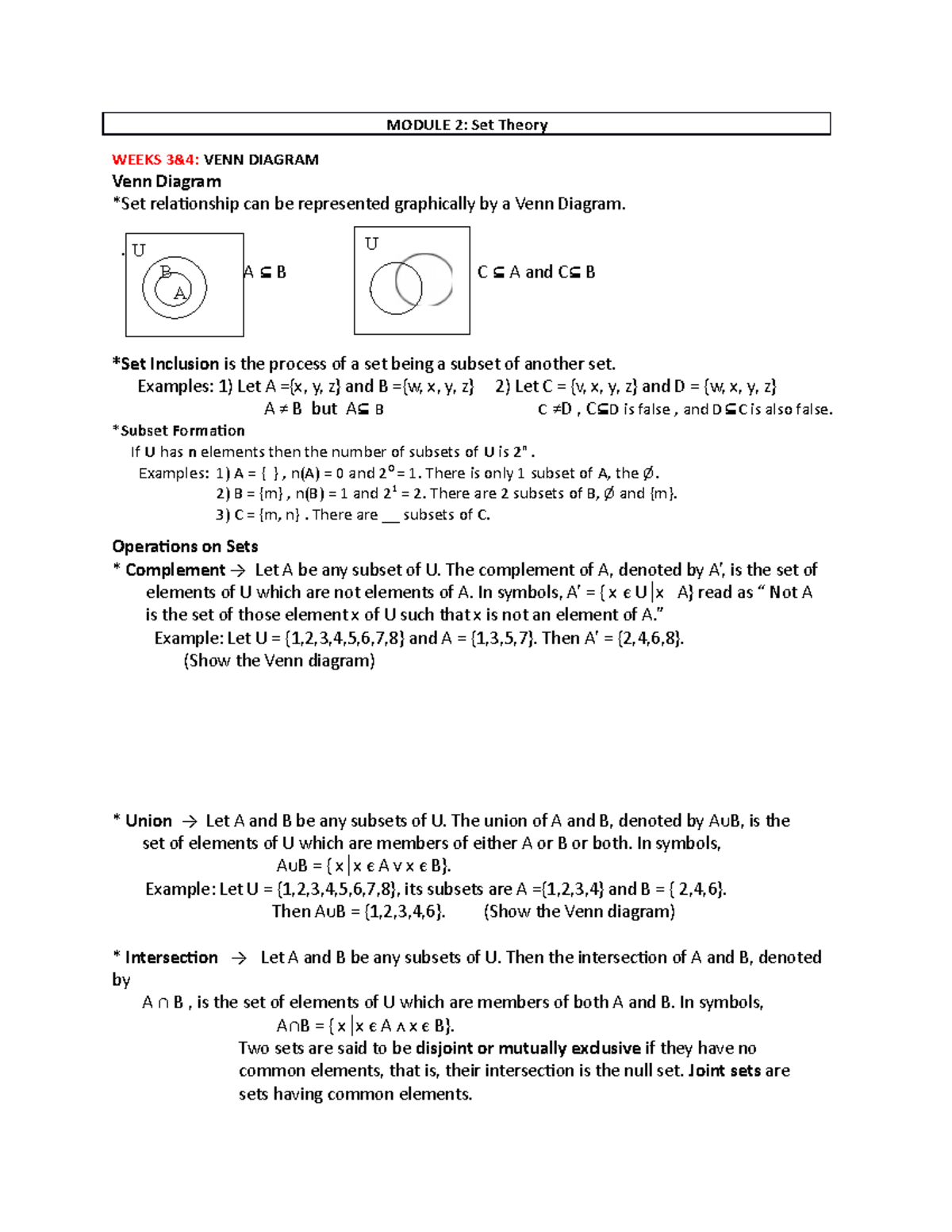 Module 2: Set Theory and Venn Diagrams Overview - Studocu