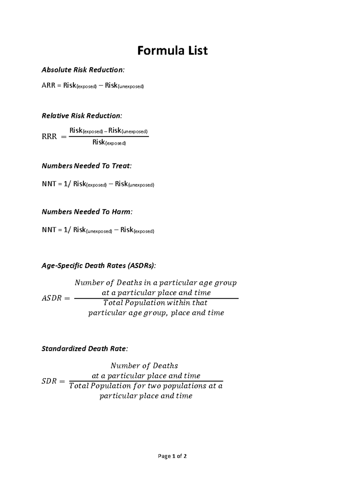 Formula List for Mid-Semester Test 2024: ARR, RRR, NNT, and SDR - Studocu