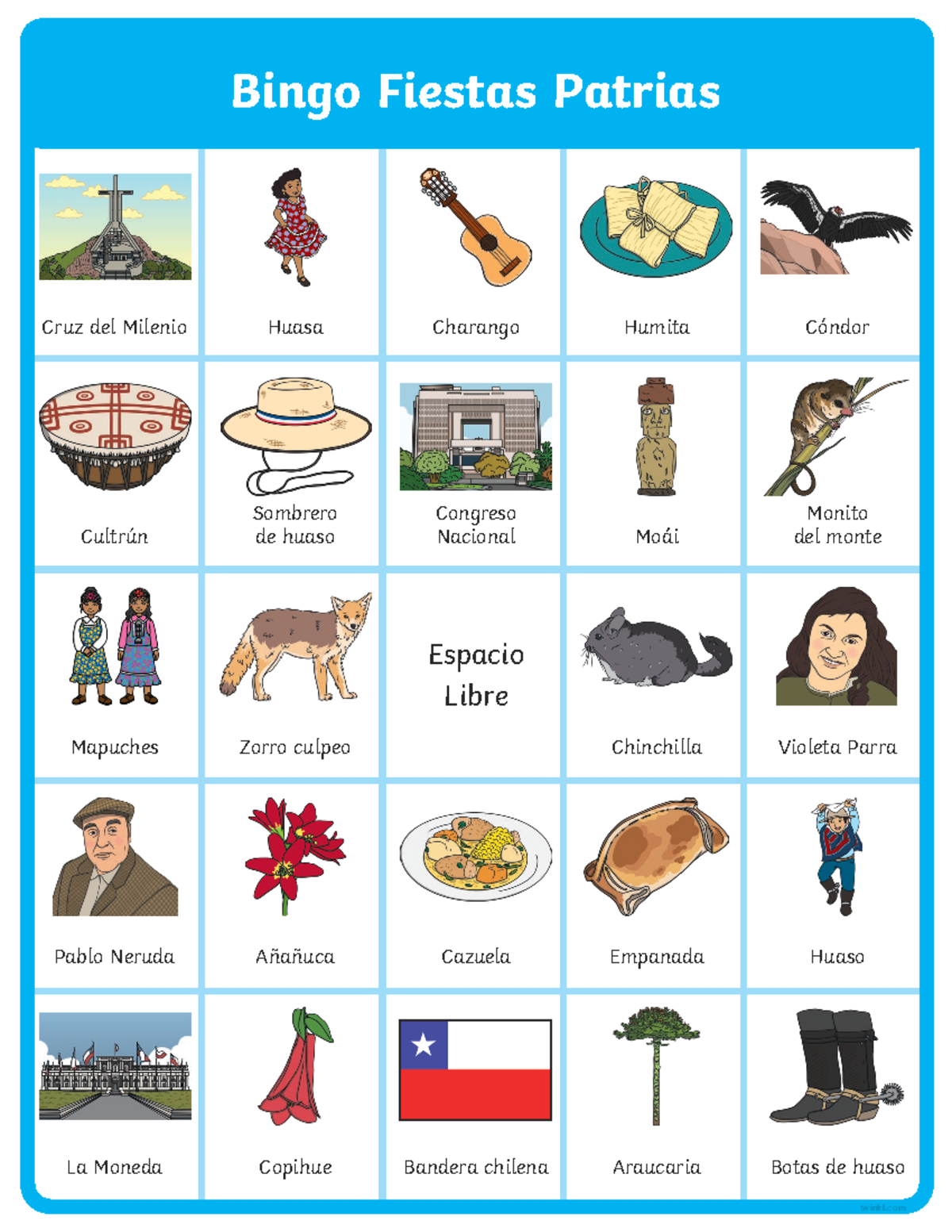 Bingo fiestas patrias chile - Cruz del Milenio Huasa Charango Humita ...