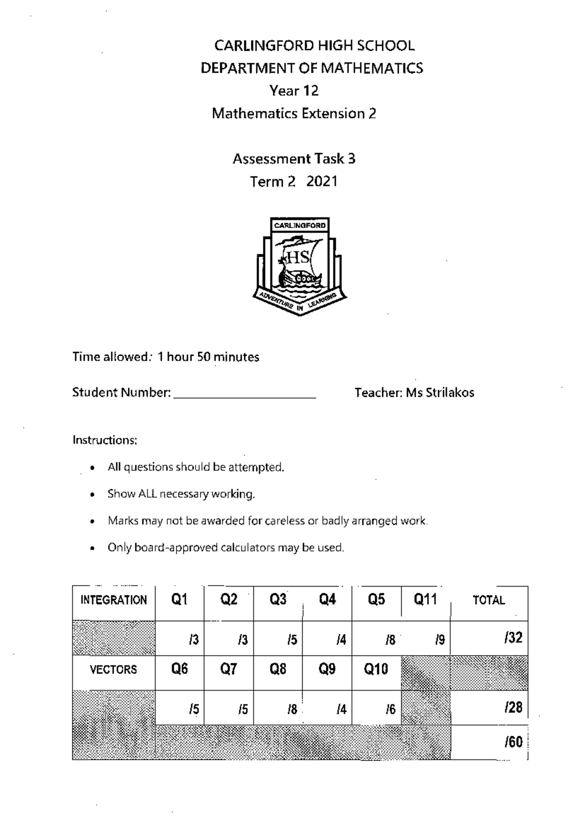 Year 12 Math Ext 2 Task 3 Term 2 2021 Final Exam Version 1 - Studocu