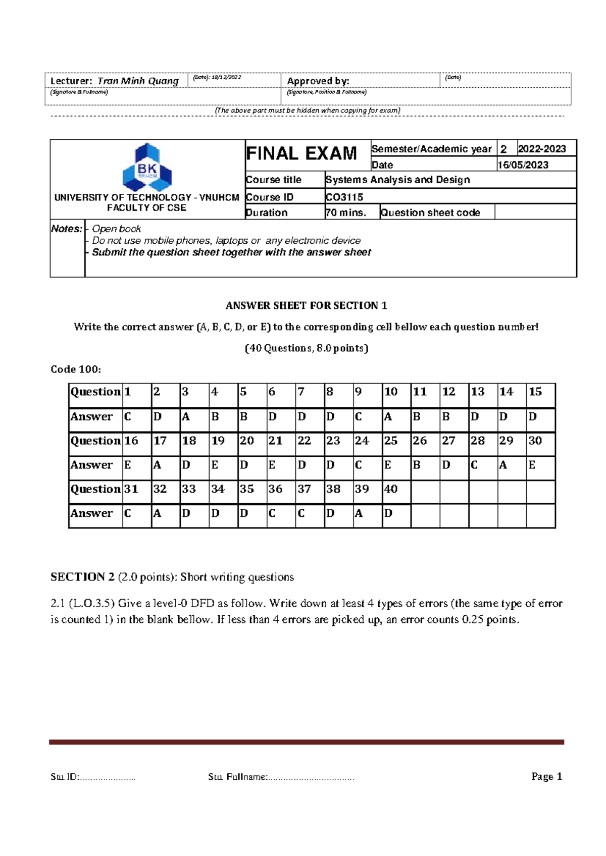 Final Exam CO3115: Systems Analysis and Design Question Sheet - Studocu