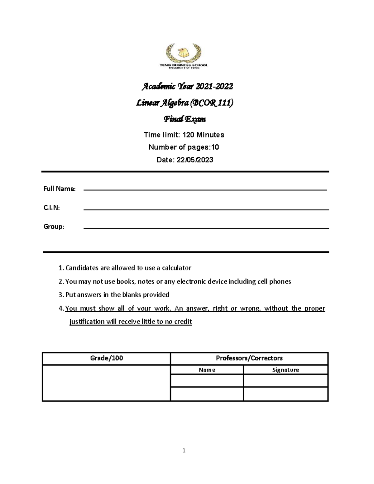 Final Exam Study Guide for Linear Algebra (BCOR 111) 2023 - Studocu