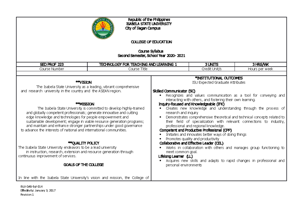 SED PROF 223: Syllabus for Technology in Teaching & Learning 1 - Studocu