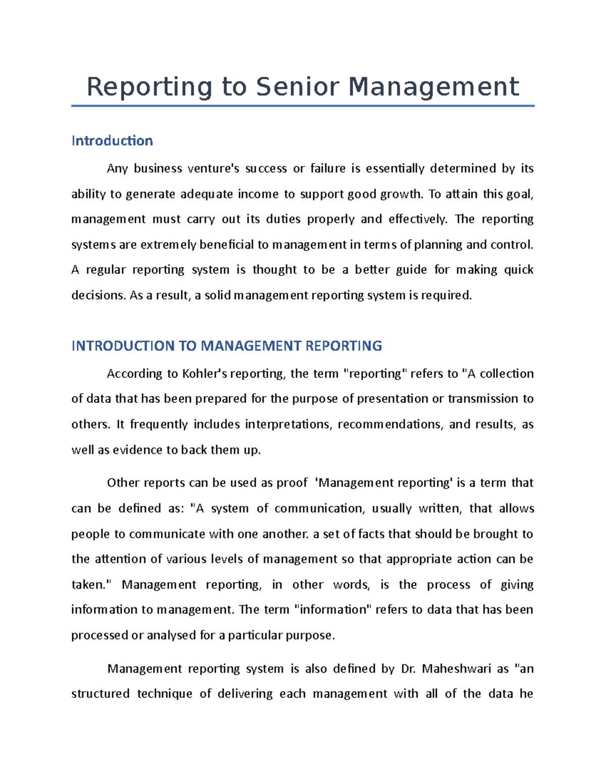 Management Reporting Systems for Senior Management Effectiveness - Studocu