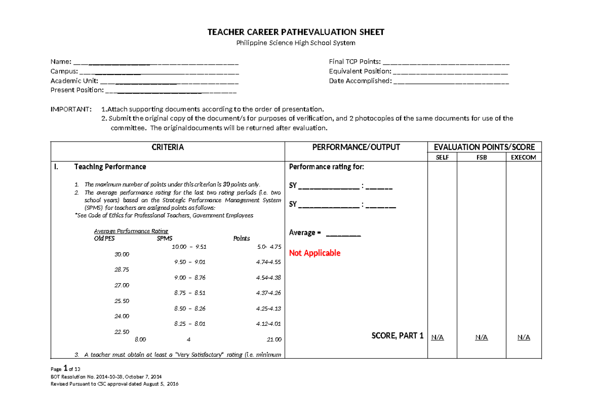 TCP Evaluation Sheet for Teacher Applicants at PSHS - Studocu