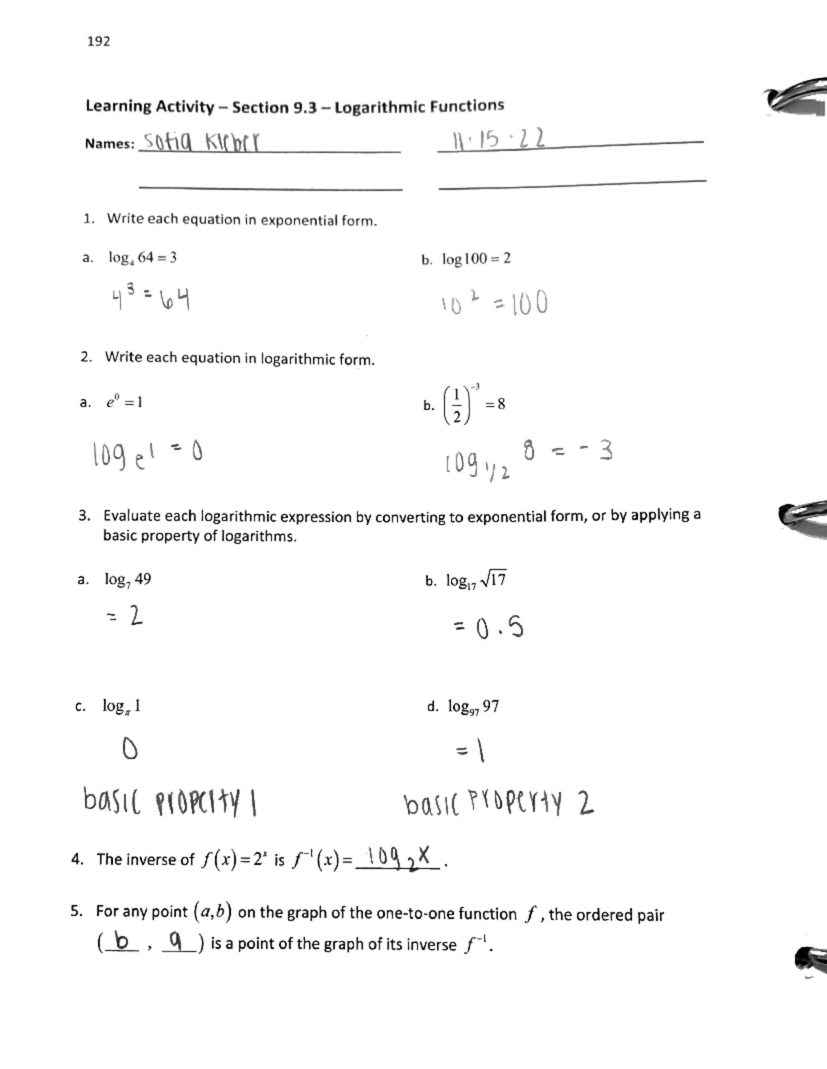 9.3 LA - 9.3 LA - 192 Learning Activity Section 9 Logarithmic Functions ...