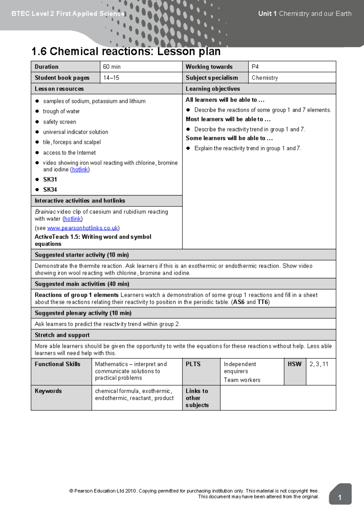 BTEC Level 2 Applied Science Unit 1: Chemistry Lesson Plan 1.6 - Studocu