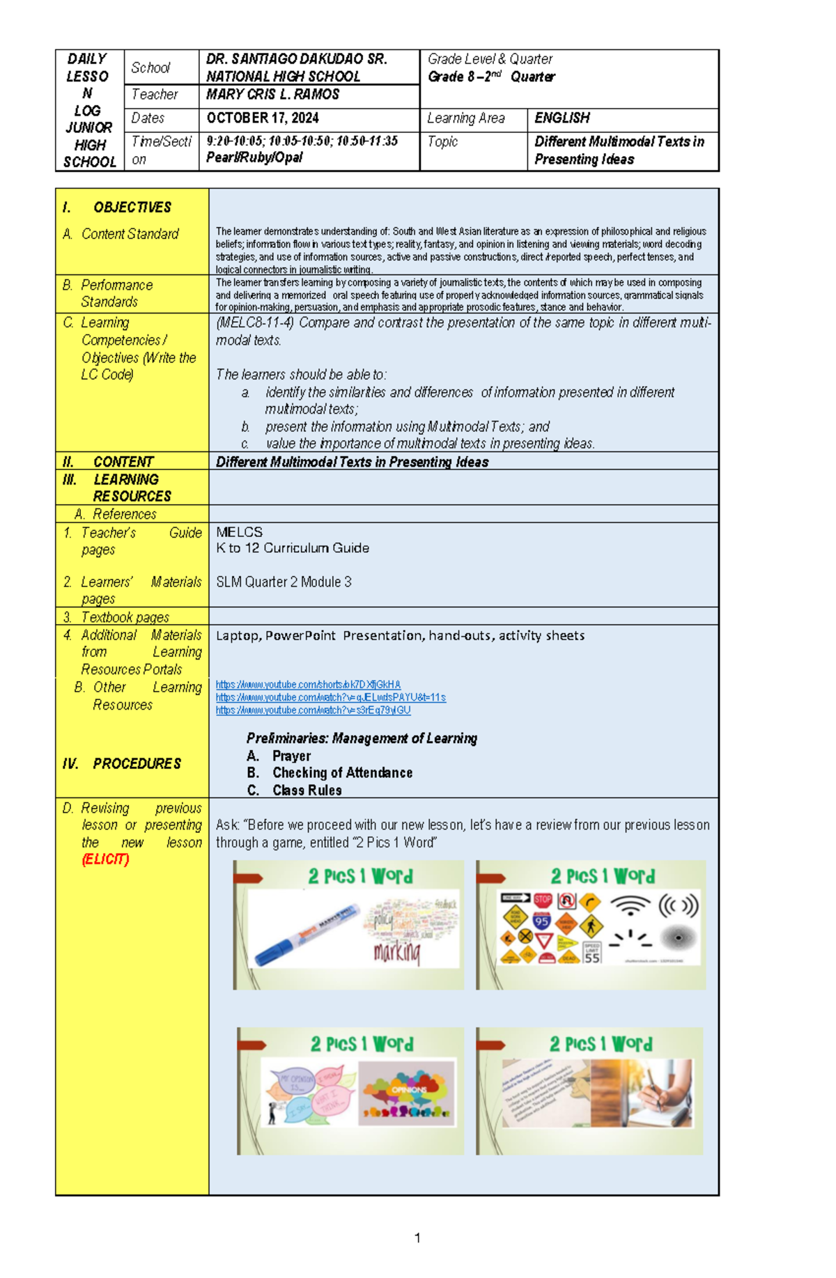 Lesson Plan in Multimodal-Text - DAILY LESSO N LOG JUNIOR HIGH SCHOOL ...