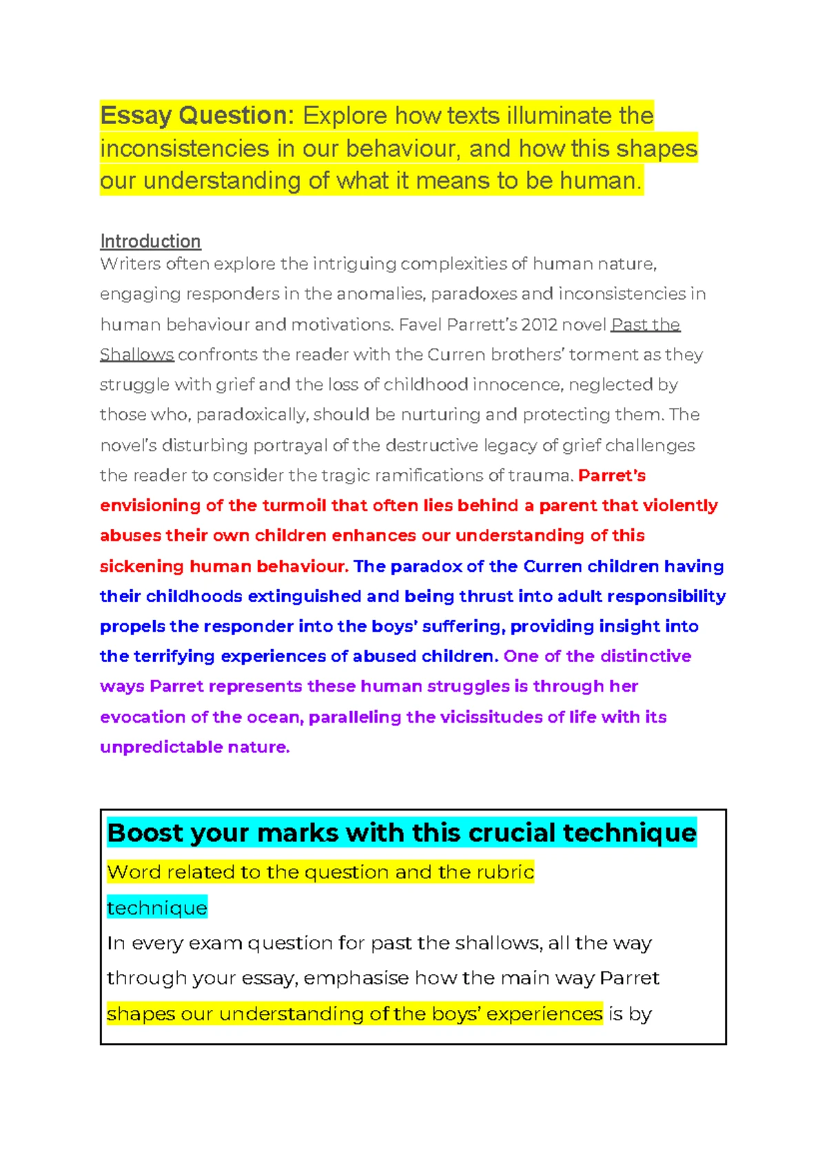 Band 6 “Past The Shallows” HSC Essay - Human experiences are varied and ...