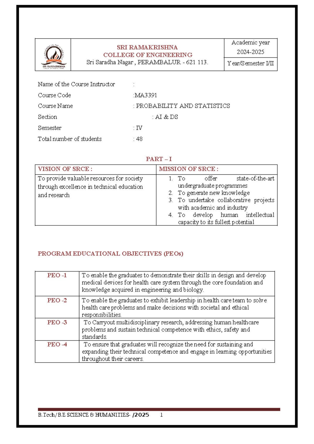 MA3391 Probability and Statistics Course Plan and Syllabus Overview ...
